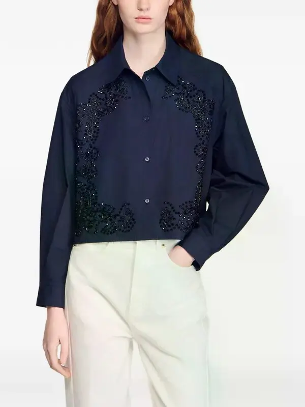Sandro Embroidered Floral Cotton Blend Shirt
