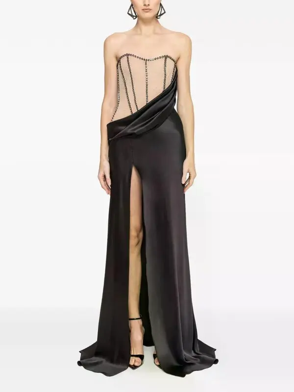 NISSA Crystal-embellished Strapless Satin Maxi Dress