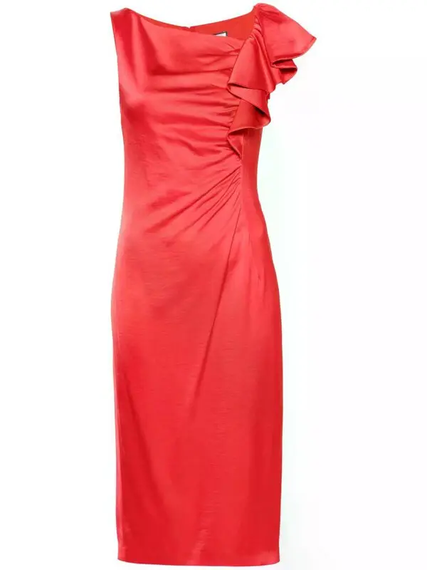 NISSA Asymmetric Neck Draped Satin Midi Dress - Red