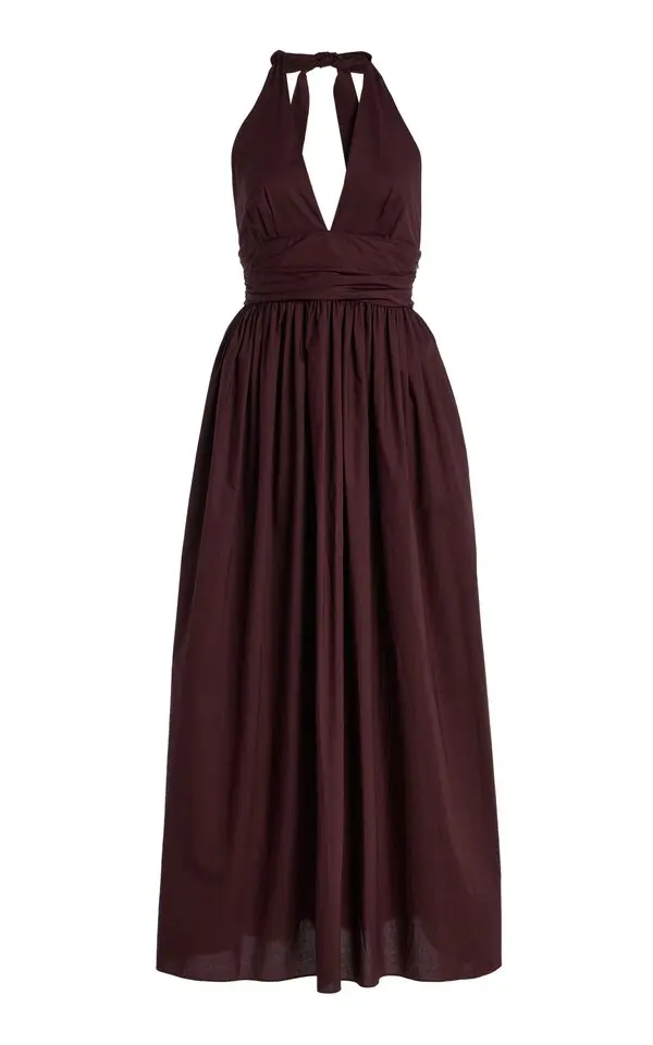 Matteau Plunge Cotton Maxi Halter Dress - Burgundy