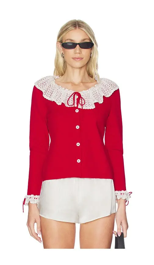 Sleeper Malena Knitted Cardigan With Lace Collar - Red