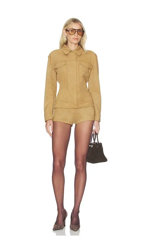 Norma Kamali Faux Suede Zip-up Jacket With Welt Pockets - Tan