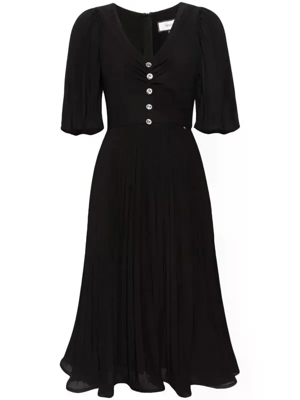 NISSA Embellished Pleated V-neck Dress - Black