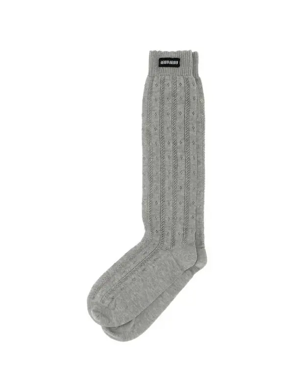 Miu Miu Cotton Knee High Socks With Openwork Motif - Grey