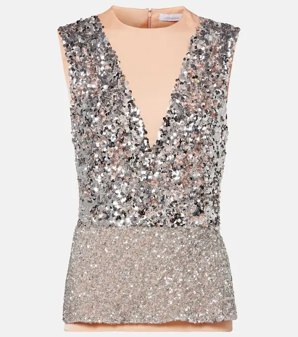 Rabanne Sequined Jersey Top - Silver