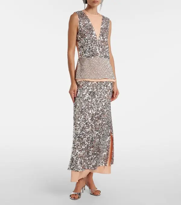 Rabanne Sequined Jersey Top - Silver