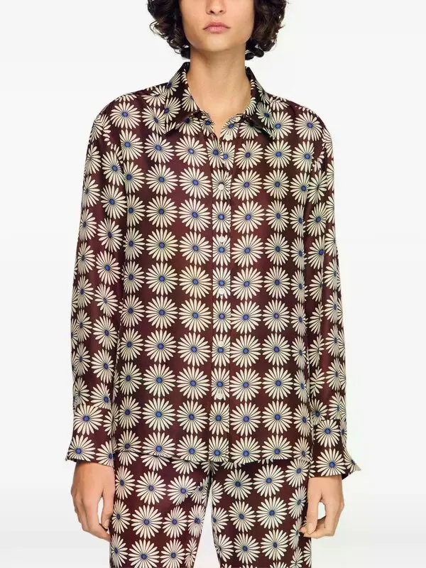 Sandro Floral Print Silk Shirt - Brown