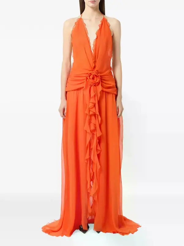 Blumarine Halterneck Floral Ruffled Maxi Dress