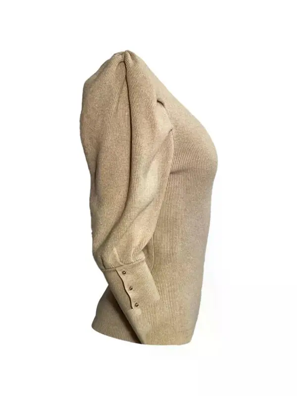 Ba&sh Beige Ribbed V-neck Puff Sleeve Top