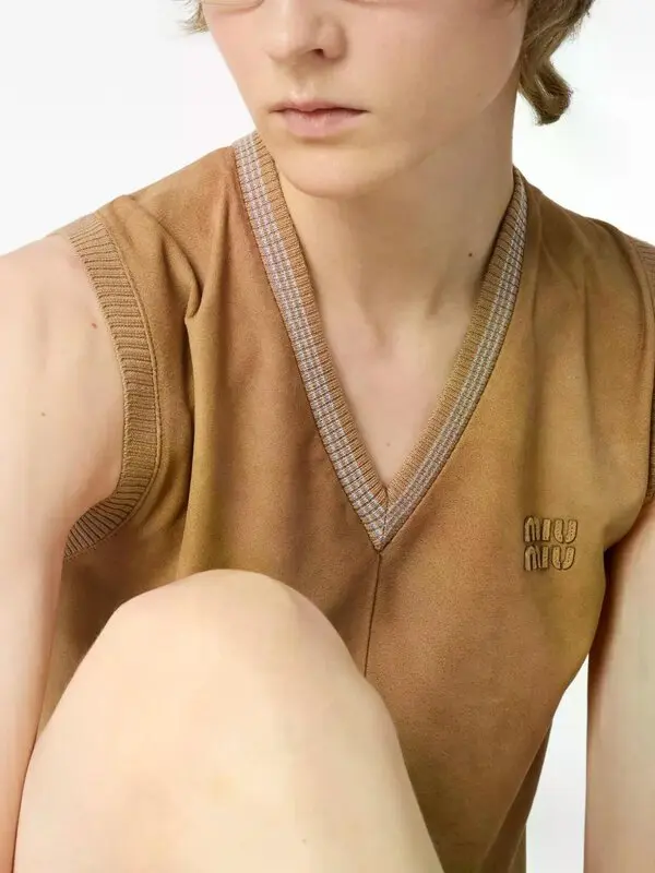 Miu Miu V-neck Suede And Knit Vest - Brown