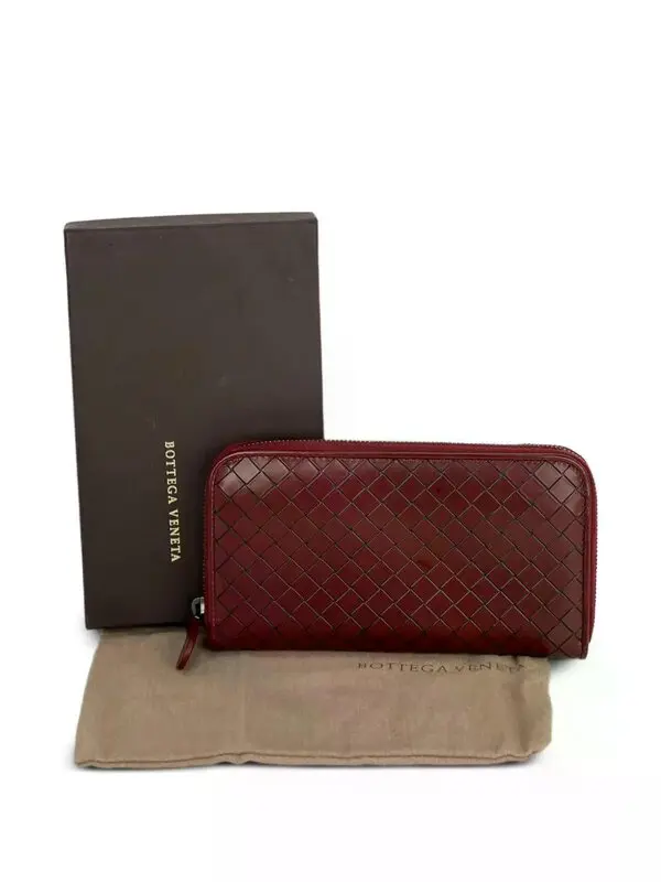 Bottega Veneta Intrecciato Zip Around Leather Wallet Clutch - Red