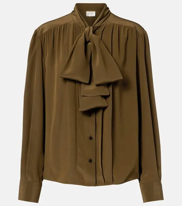 Saint Laurent Silk Crepe De Chine Tie-neck Blouse - Brown