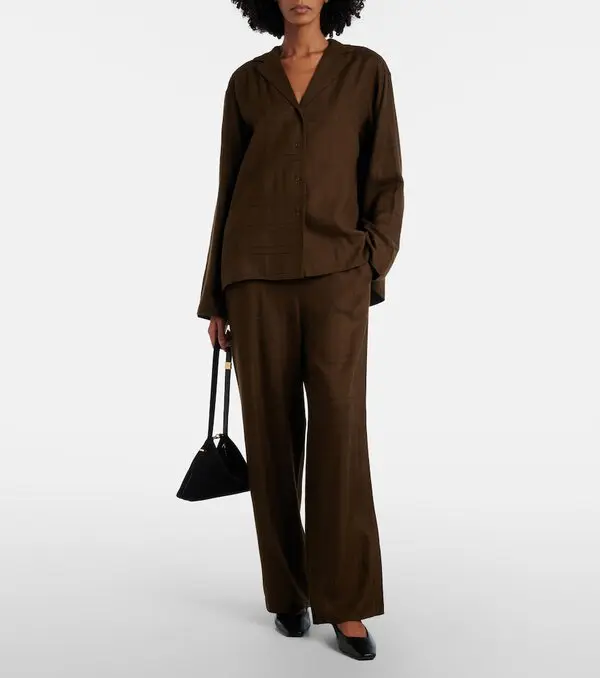 TOTEME Monogram Embroidered Flannel Pajama Pants - Brown