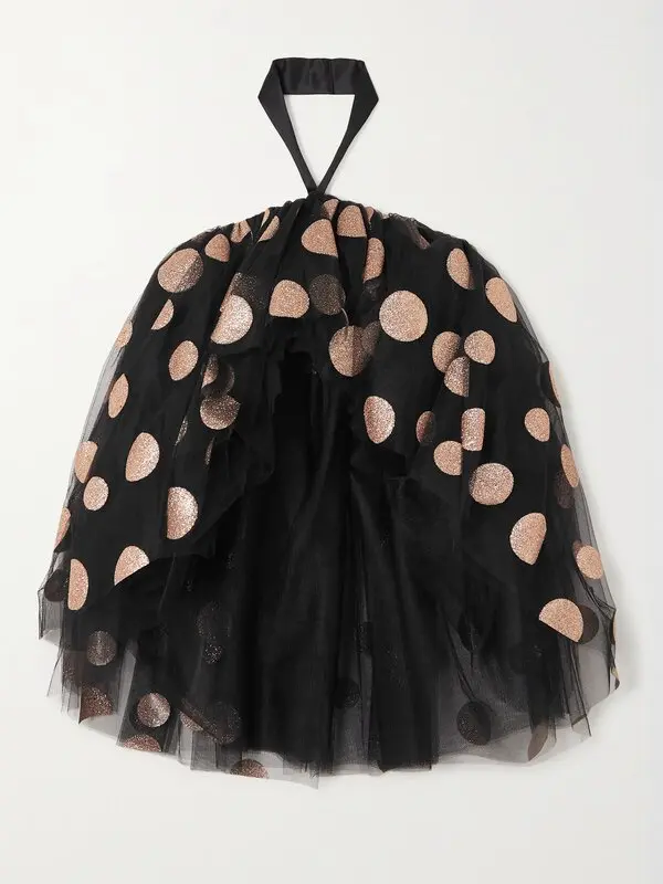 Halpern Cropped Halterneck Polka Dot Tulle Top - Black