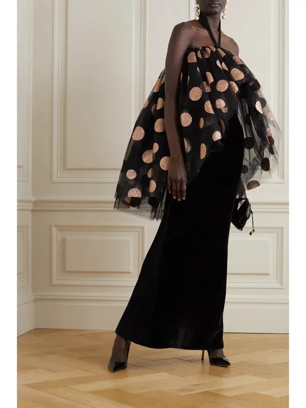 Halpern Cropped Halterneck Polka Dot Tulle Top