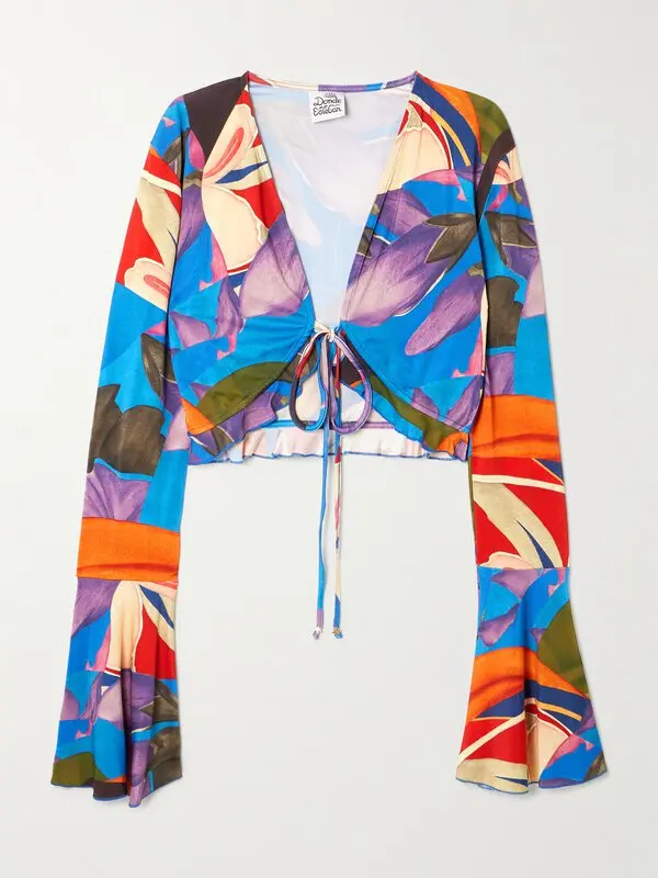 DONDE ESTEBAN Palenque Flores Cropped Tie-detailed Floral-print Jersey Top - Multi