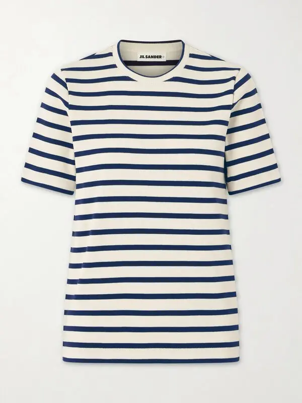 JIL SANDER Striped Cotton T-shirt With Logo Patch - Neutrals