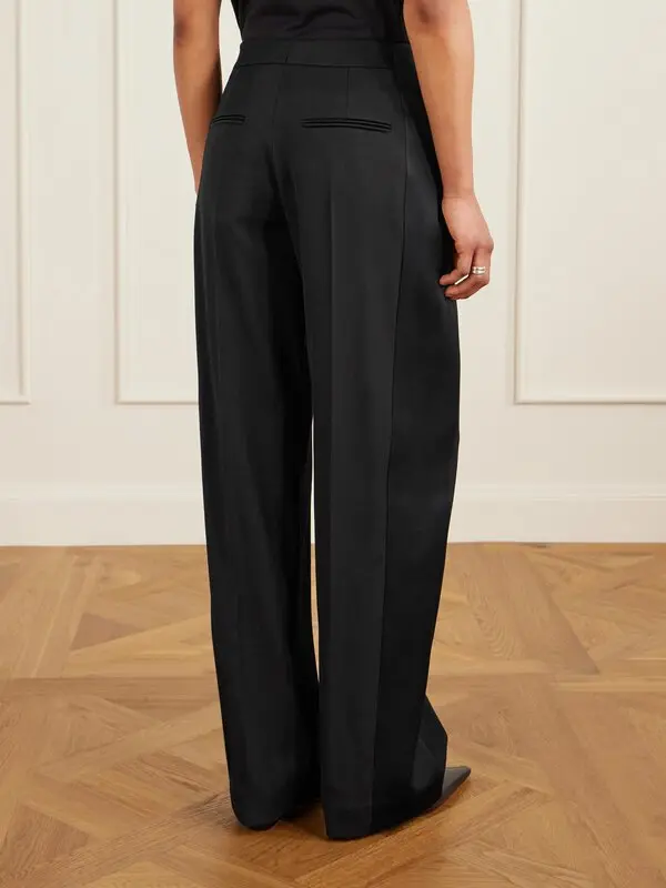 Another Tomorrow Pleated Satin-trimmed Wool-blend Twill Wide-leg Trousers