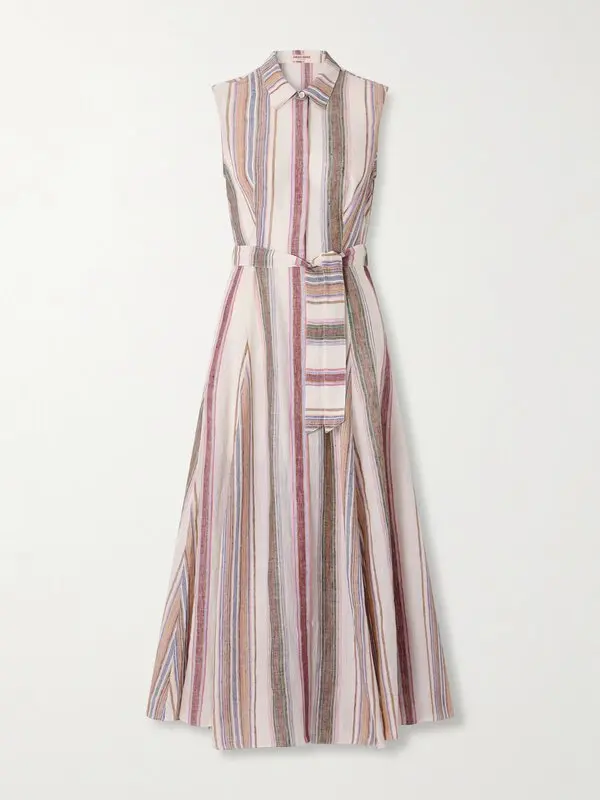 EMPORIO SIRENUSE Miralda Belted Striped Linen Midi Shirt Dress - Multi