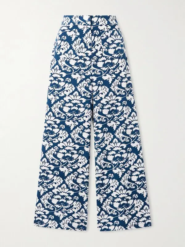EMPORIO SIRENUSE Adele Lotus Floral-print Cotton-twill Wide-leg Trousers - Blue