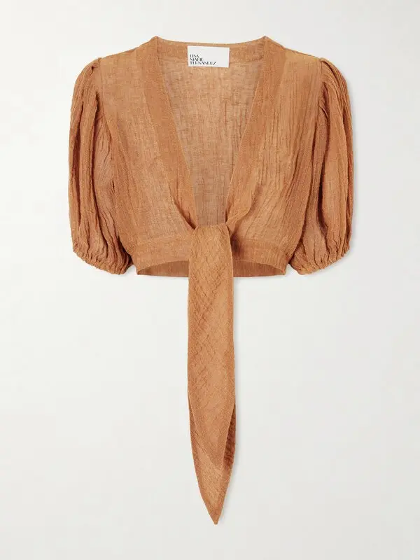 Lisa Marie Fernandez Pouf Cropped Linen-blend Gauze Wrap Top - Brown