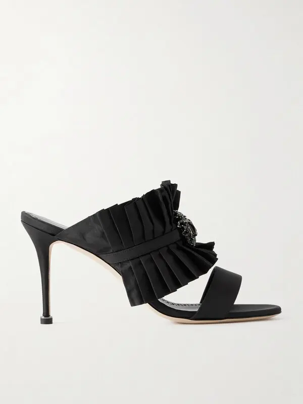 Manolo Blahnik Danteuil 90 Embellished Pleated Silk Mules