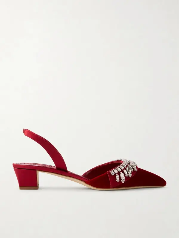 Manolo Blahnik Embellished Velvet Slingback Pumps - Red