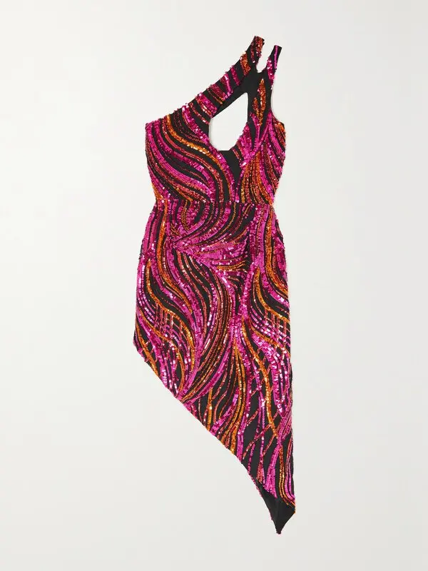 Halpern One-shoulder Sequin Tulle Mini Dress