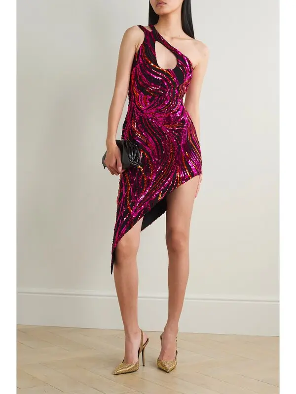 Halpern One-shoulder Sequin Tulle Mini Dress