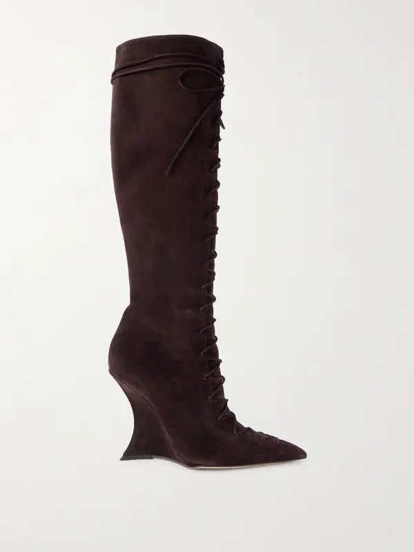 Paris Texas Nina Suede Lace-up Wedge Knee-high Boots - Brown