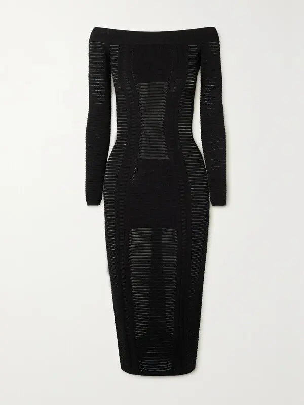 Balmain Off-the-shoulder Ribbed-knit Midi Dress - Black