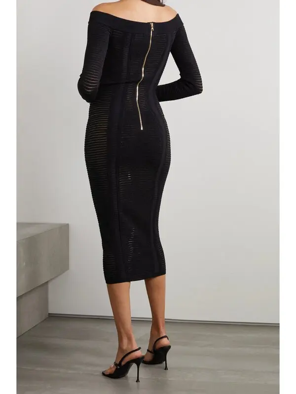 Balmain Off-the-shoulder Ribbed-knit Midi Dress
