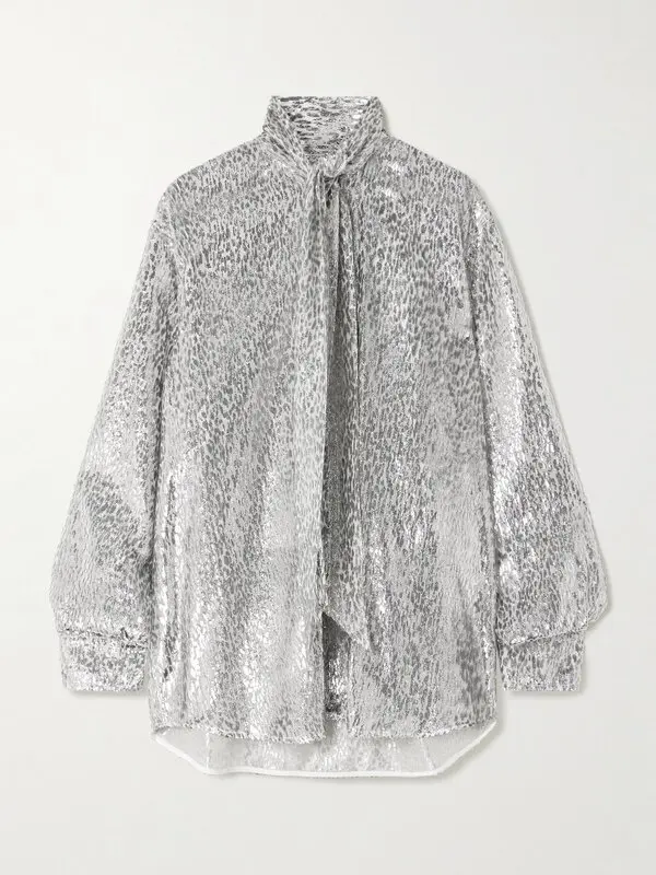 Stella McCartney Tie-neck Metallic Fil Coupé Blouse - Silver
