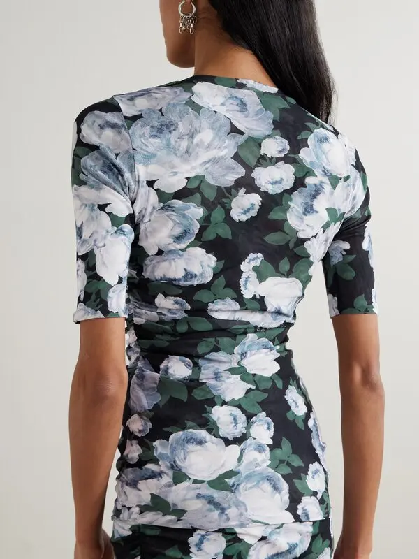 Stella McCartney Floral-print Mesh Top With Ruched Waist