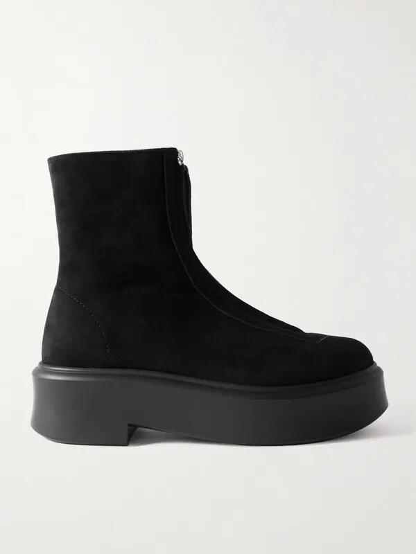 THE ROW Zipped Suede Platform Ankle Boots - Black