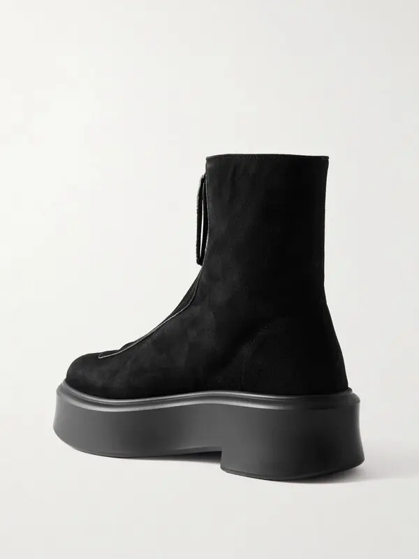 THE ROW Zipped Suede Platform Ankle Boots - Black
