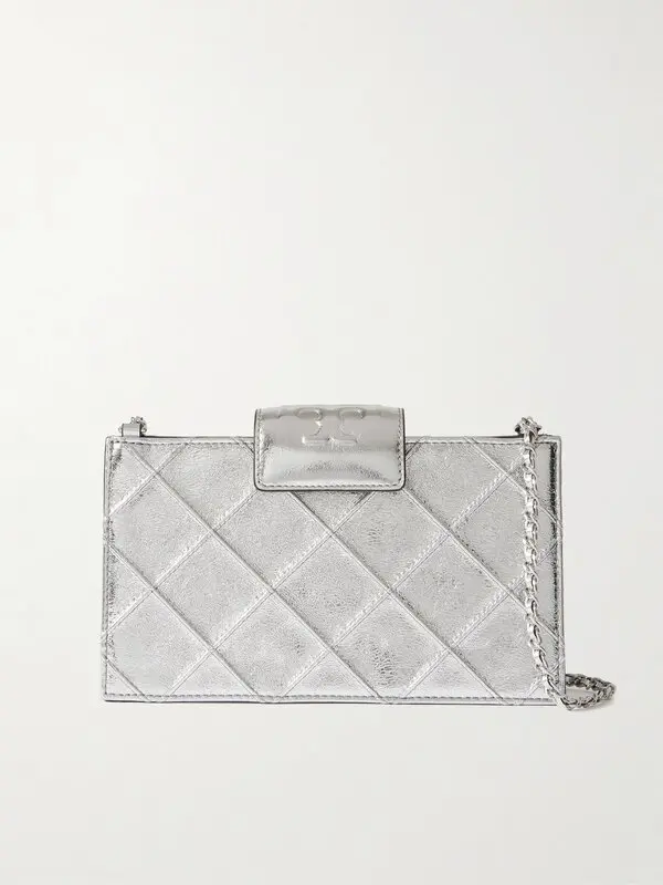 Tory Burch Fleming Mini Quilted Metallic Leather Shoulder Bag - Silver