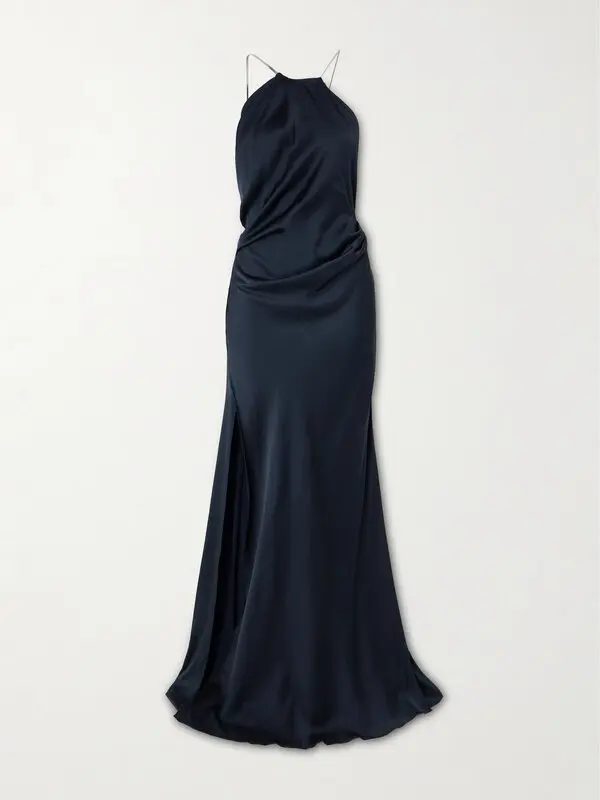 Victoria Beckham Chain-embellished Draped Satin Halterneck Gown - Blue