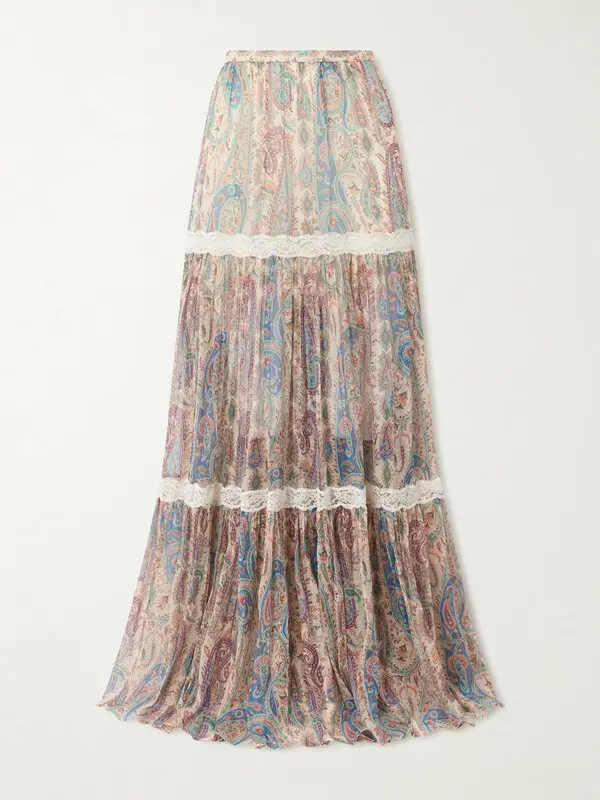 Etro Tiered Lace-trimmed Paisley-print Silk Maxi Skirt - Multi