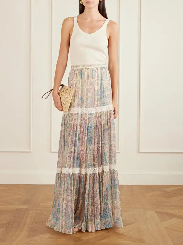 Etro Tiered Lace-trimmed Paisley-print Silk Maxi Skirt - Multi