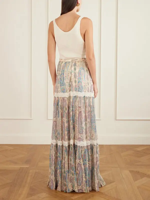 Etro Tiered Lace-trimmed Paisley-print Silk Maxi Skirt - Multi