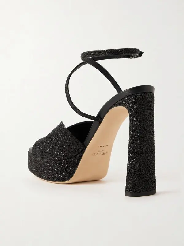 JIMMY CHOO Karly 125 Glittered Leather Platform Sandals - Black