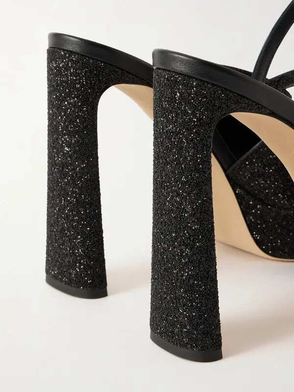 JIMMY CHOO Karly 125 Glittered Leather Platform Sandals - Black