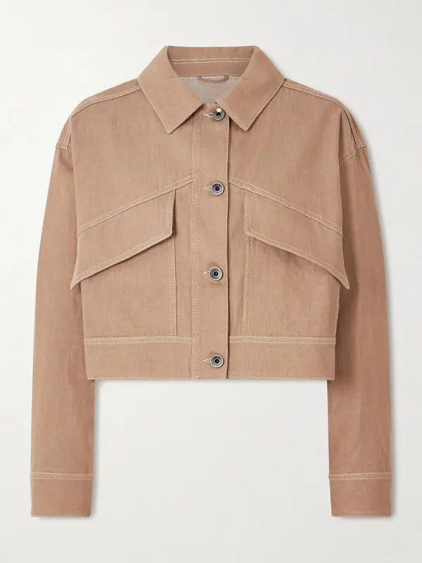 Brunello Cucinelli Cropped Cotton-twill Jacket With Contrast Topstitching - Neutrals