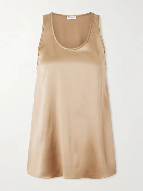 Brunello Cucinelli Silk-blend Satin Scoop Neck Top - Brown