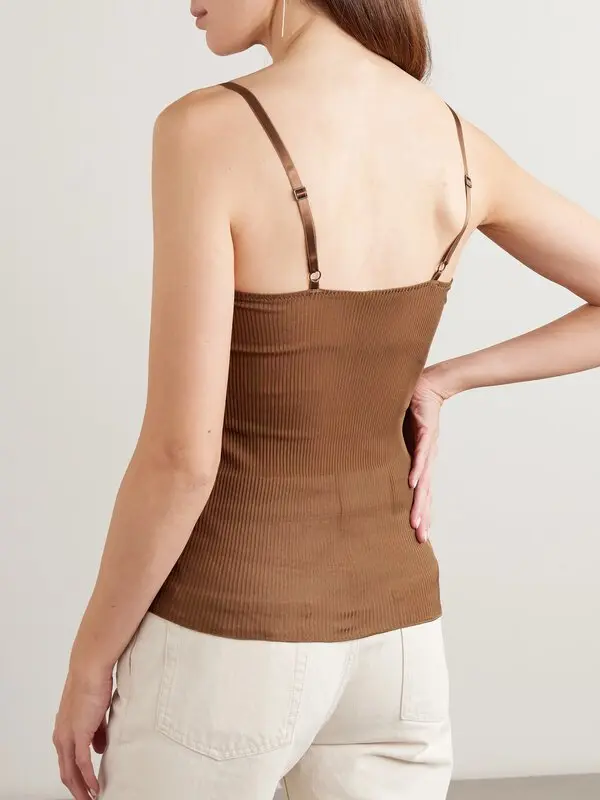 Saint Laurent Lace-trimmed Ribbed Silk-jersey Tank Top - Brown