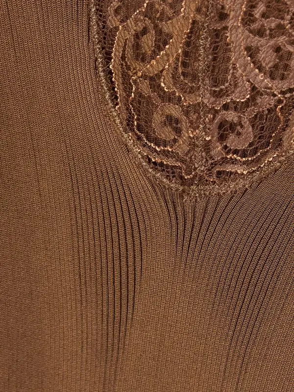 Saint Laurent Lace-trimmed Ribbed Silk-jersey Tank Top - Brown