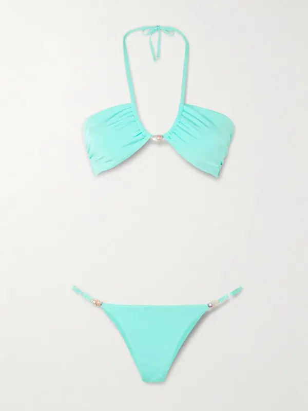 SARA CRISTINA Bahia Pearl Embellished Halterneck Bikini - Blue