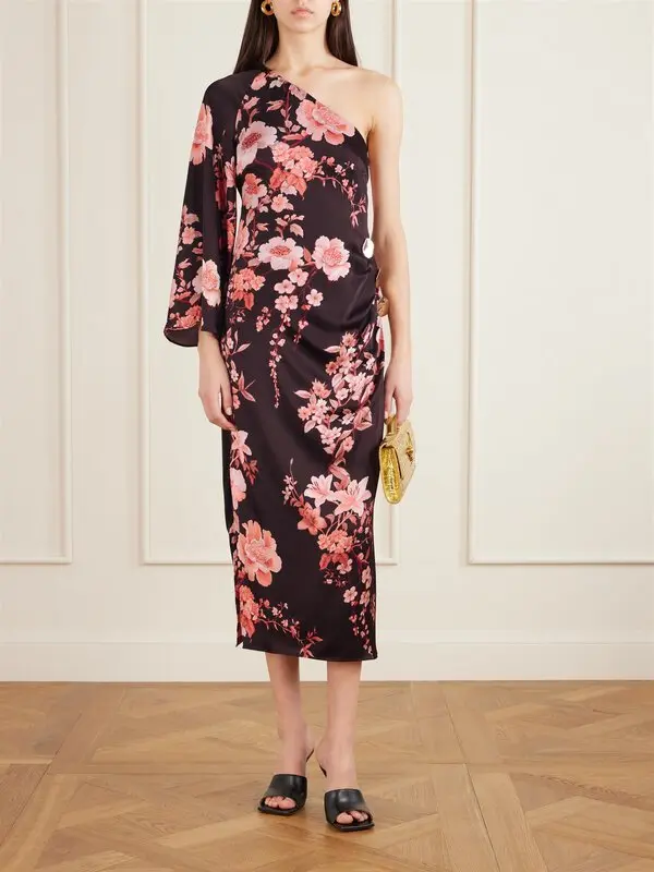 Borgo De Nor Atlantis One-sleeve Embellished Printed Satin Midi Dress