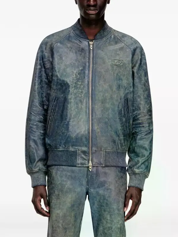 DIESEL® L-cobb Leather Bomber Jacket With Ribbed Trim - Blue